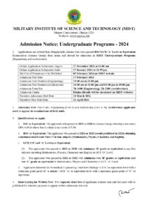 MIST Admission Circular 2024 - Engineering and Architecture